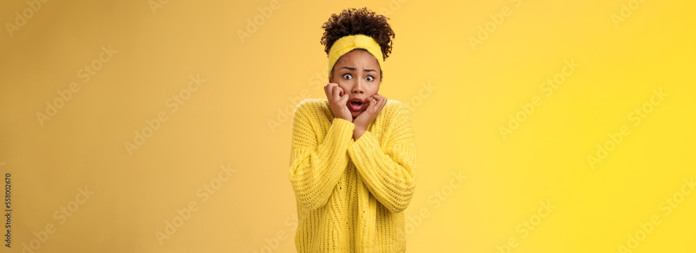 Scared stupefied trembling insecure timid african american woman afraid ... Scared stupefied trembling insecure timid african american woman afraid ...