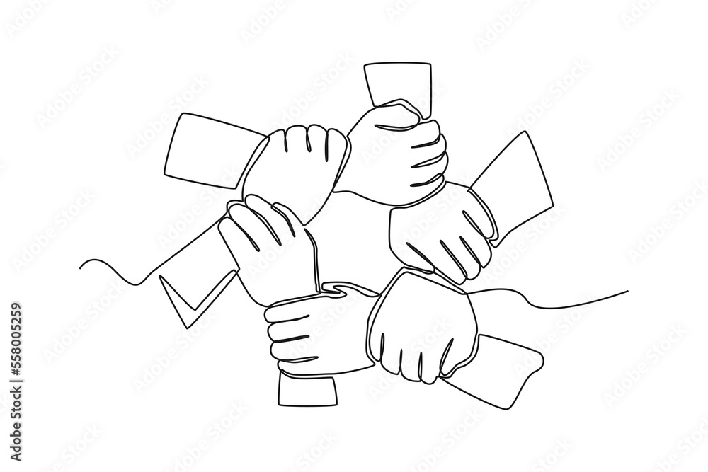 Single one line drawing children's hand form Teamwork. Team work ...