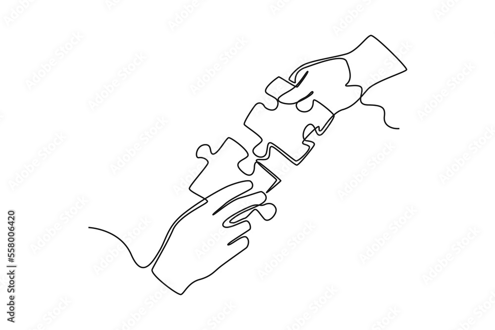 Continuous one line drawing Hands put the puzzle pieces together . Team ...