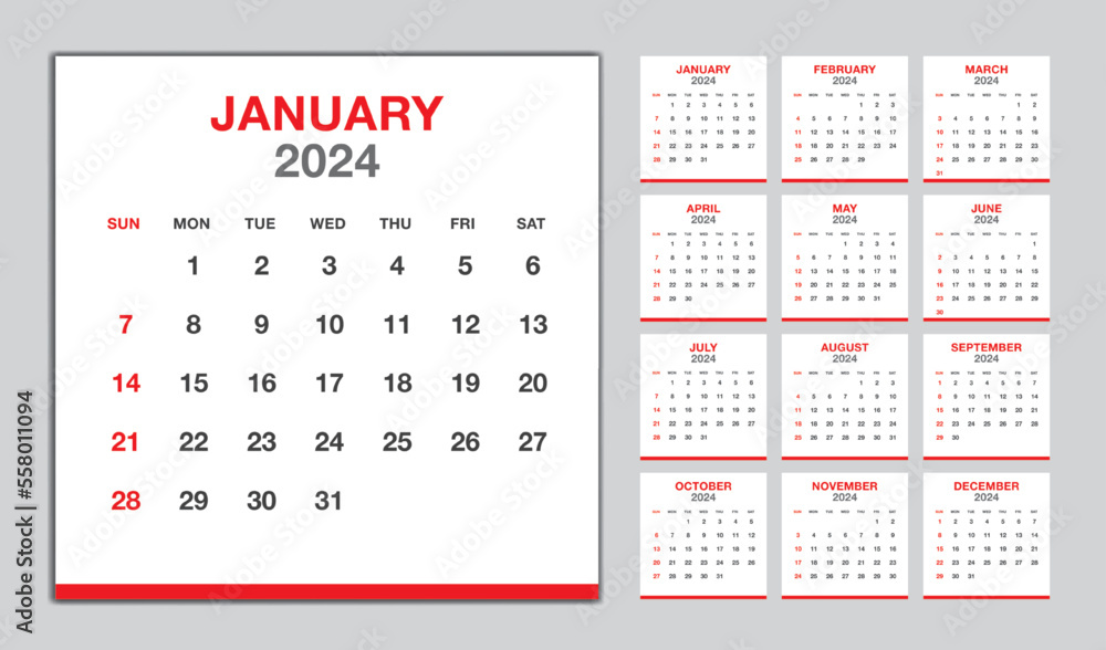 Calendar 2024 year red design, Monthly calendar template for 2024 year ...