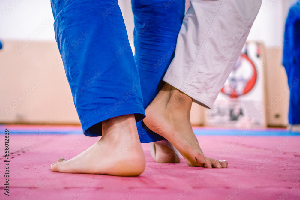 Legs of two young jiu-jitsu trainees in barefoot combat on a tatami ...