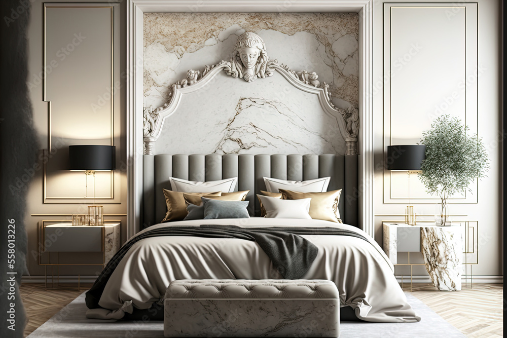 opulent bedroom with a bed in the middle and marble slabs throughout. Mild beige hues, including ...