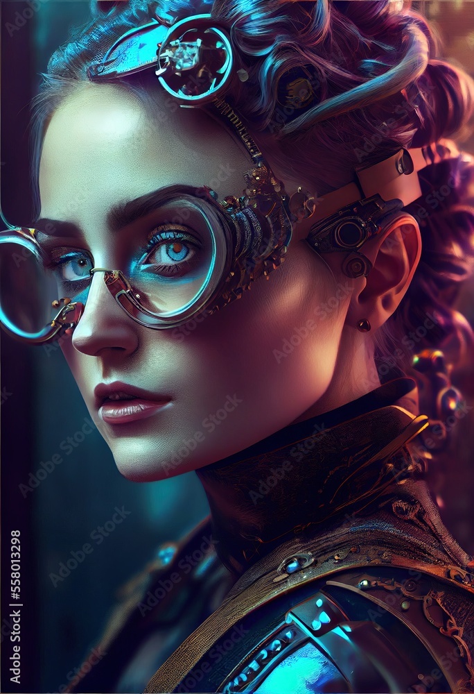 Portrait of a sci-fi cyberpunk girl. High-tech futuristic woman from ...