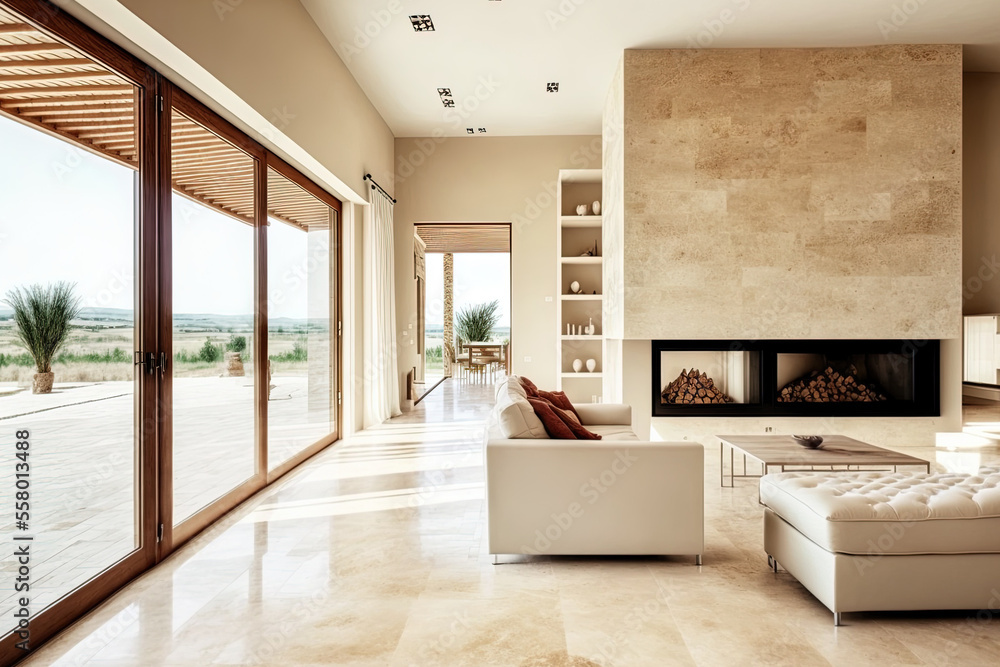Interior of a beige living room in a travertine home. Generative AI ...