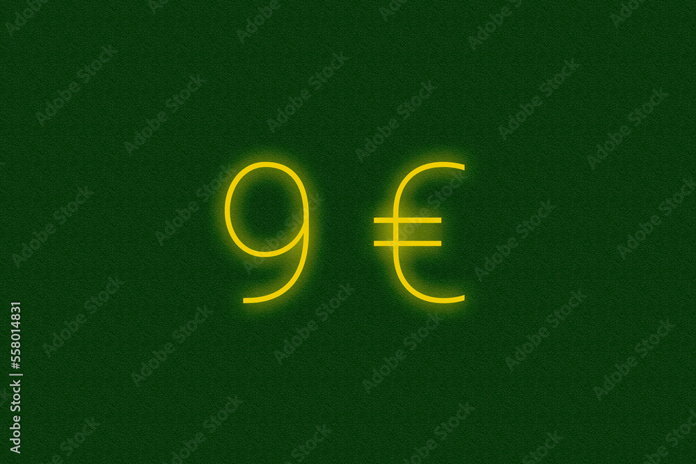9 ? euro logo. nine euro neon sign. Number nine on green wall. 2d image ...