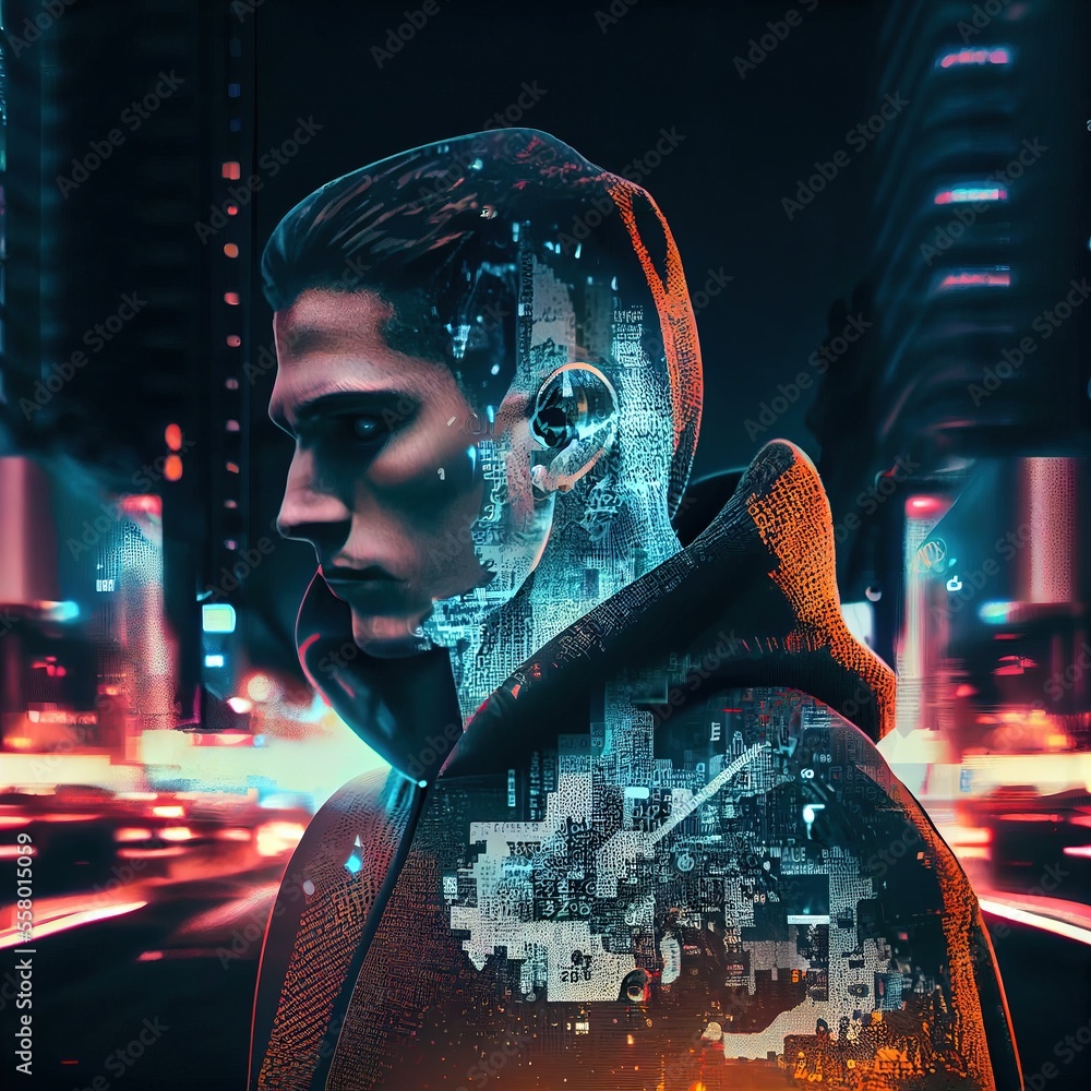Ilustração do Stock: Portrait of a sci-fi cyberpunk hacker. High-tech ...