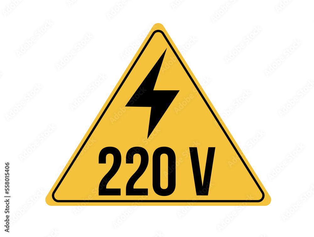 220 volts icon. Yellow board with warning of high voltage and electric ...
