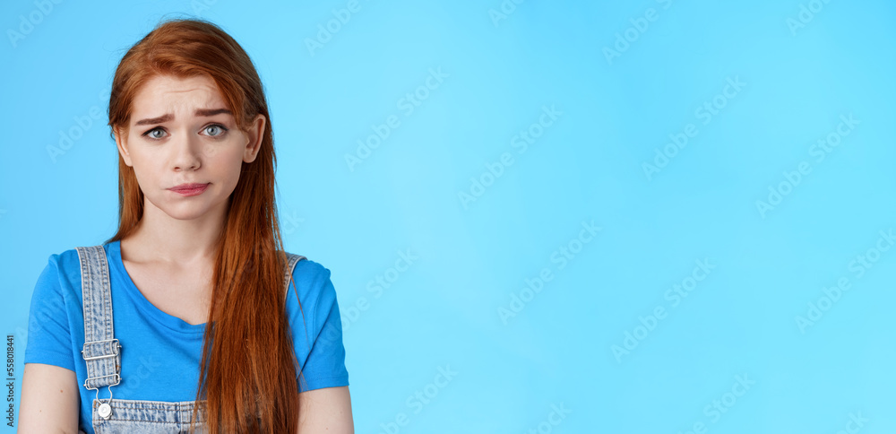 Doubtful questioned girlfriend look camera full disbelief, raise ...