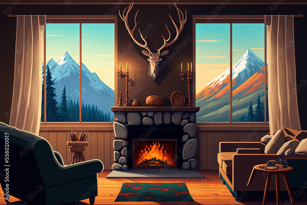 Interior of chalet with fireplace and mountains in the background of ...