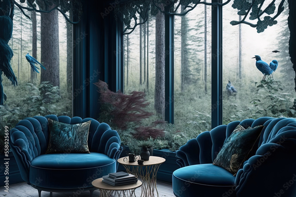 Stunning interior design for a forest themed house featuring blue ...