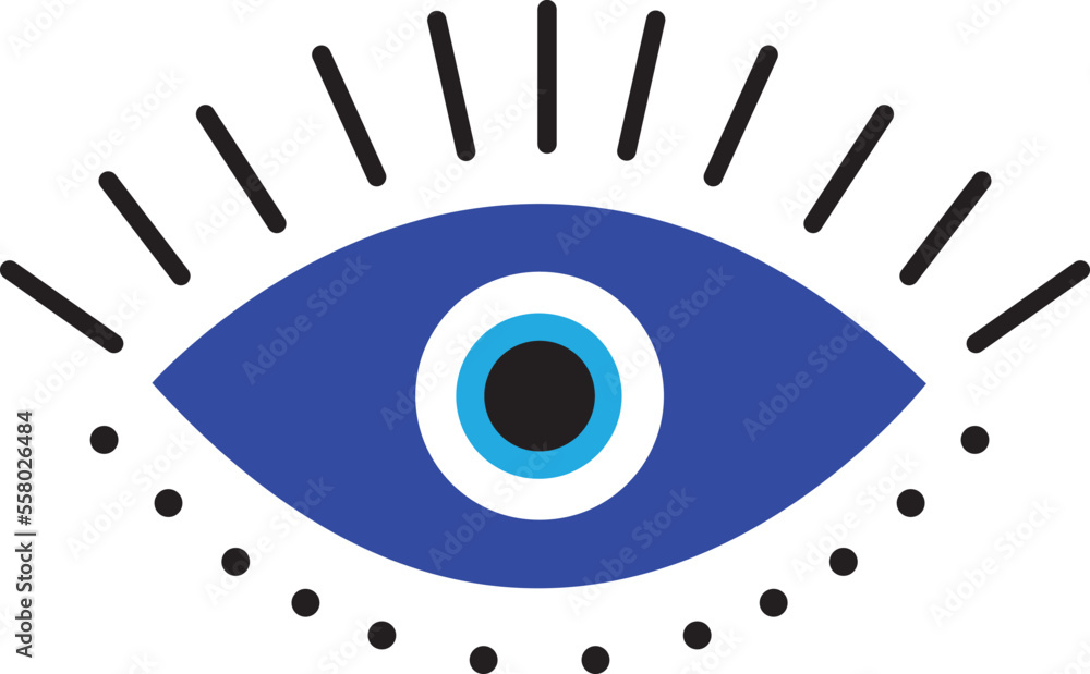 Vector illustration of blue eye with lines above and dots below. Blue ...