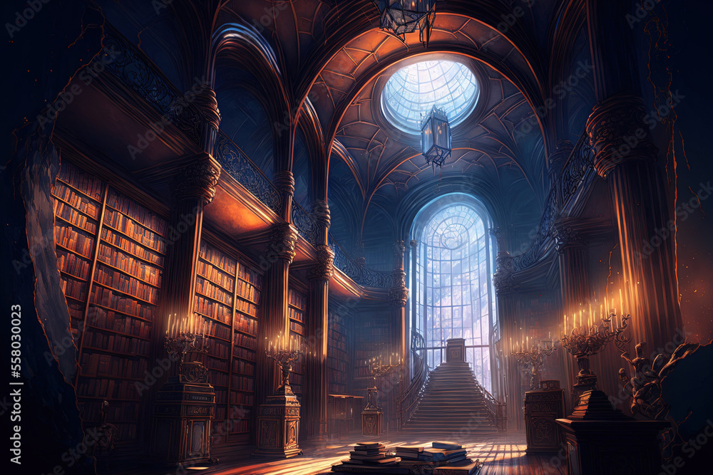 A stunning library with enormous bookcases, an epic space with lots of ...