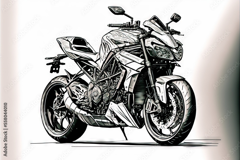 a black and white drawing of a motorcycle on a white background with a ...