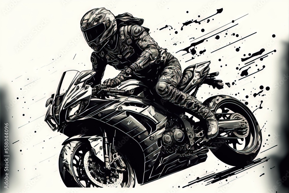 a drawing of a person riding a motorcycle on a track with splashes of ...