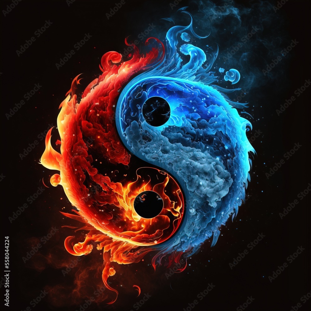 a fire and ice yin - yang symbol on a black background with a red and ...
