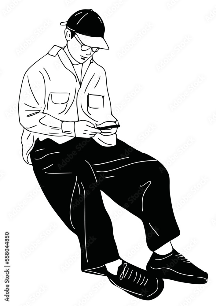 man sitting city man casual lifestyle hand drawn art illustration Stock ...