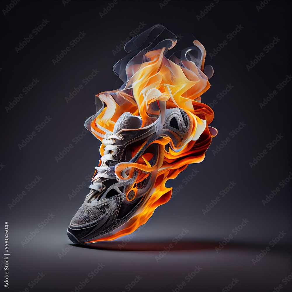 a pair of shoes with fire on the soles of them, on a black background ...