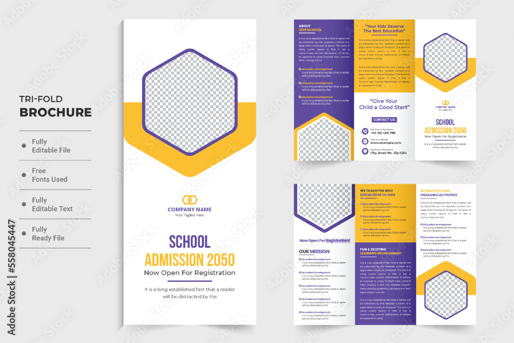 School admission trifold brochure template design with yellow and ...