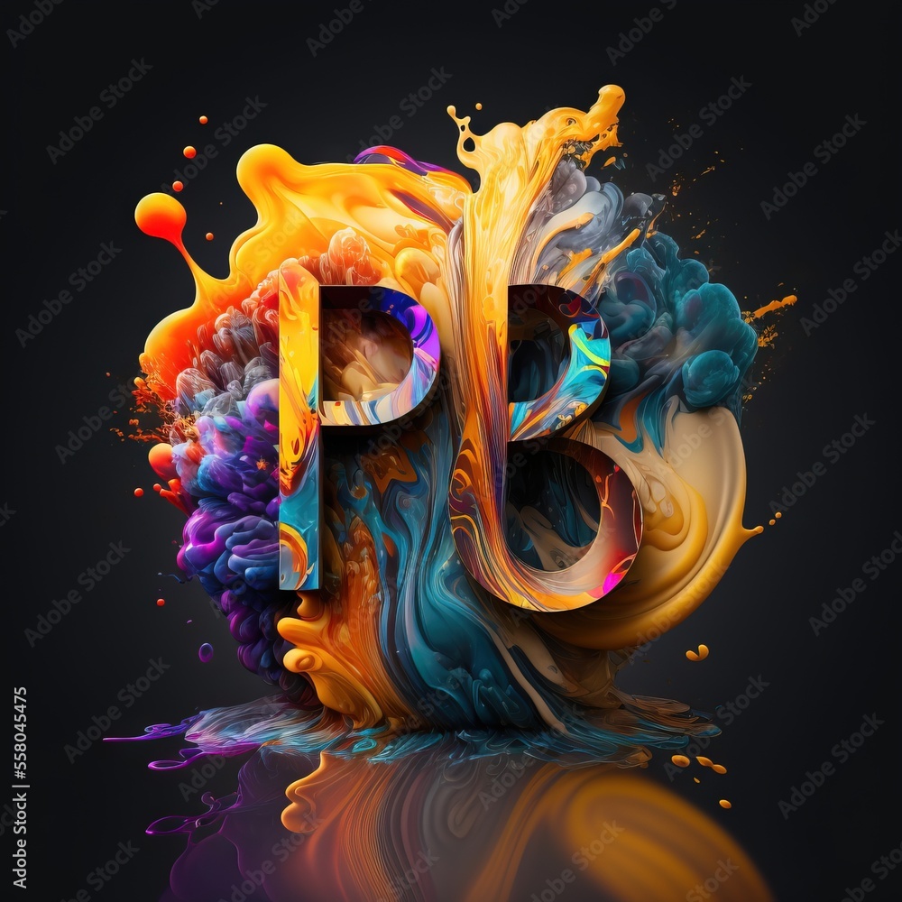 the letter p is made up of colorful paint and liquids on a black ...