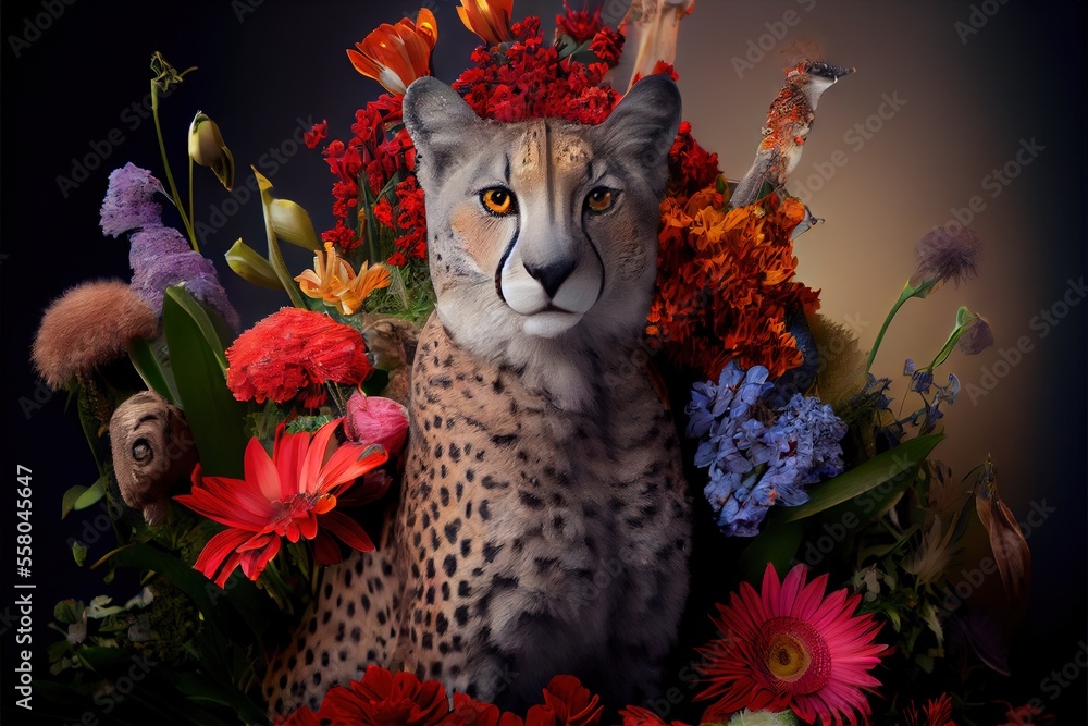a cheetah surrounded by flowers and a stuffed animal in the middle of ...
