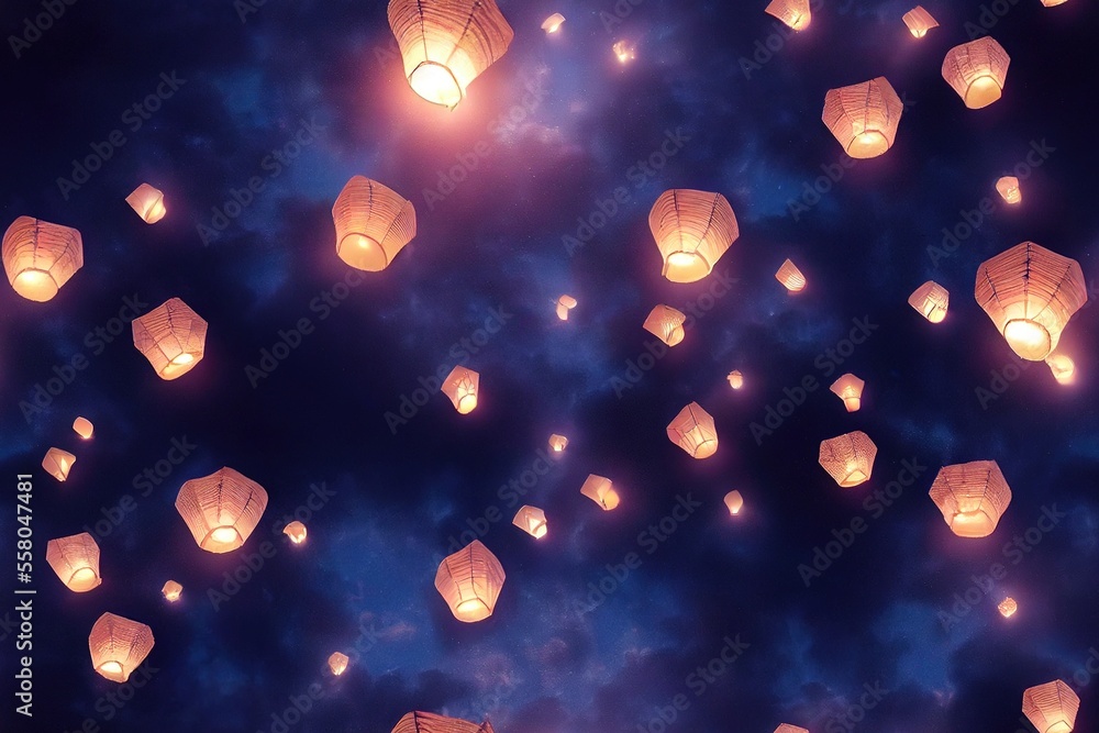 Sky Lanterns Candle Lit Floating into the Night Sky Seamless Texture ...