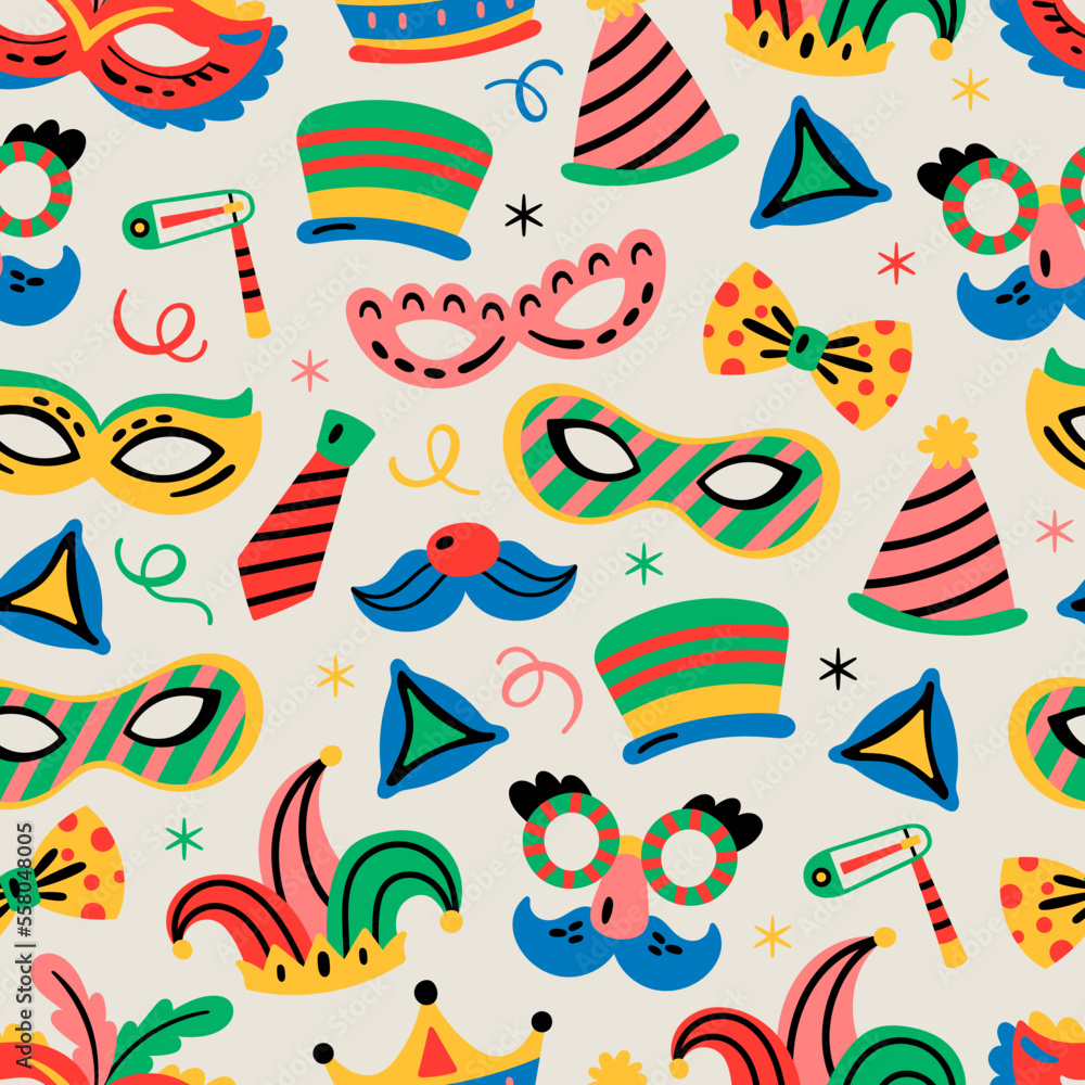 Seamless pattern design for Purim holiday with cute carnival elements ...