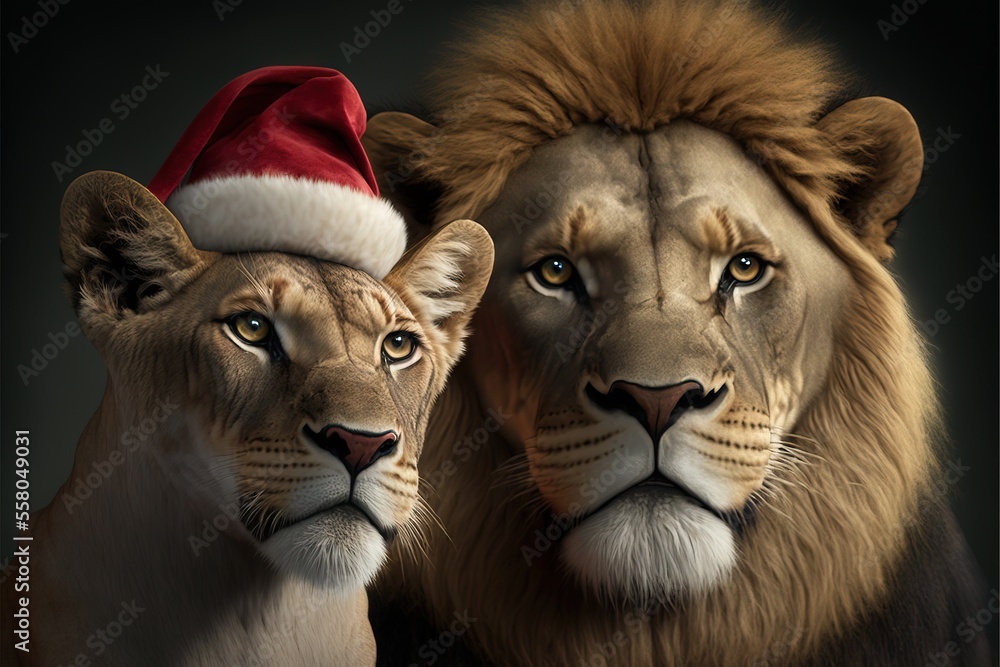 a couple of lions wearing a santa claus hat on top of each other's ...