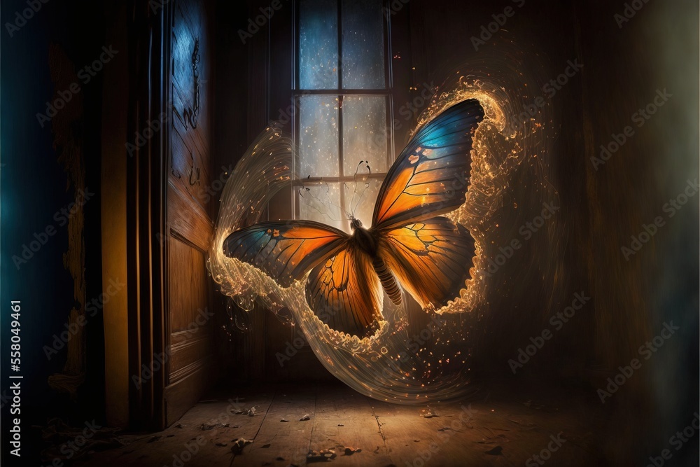 a painting of a butterfly flying out of an open window in a dark room ...