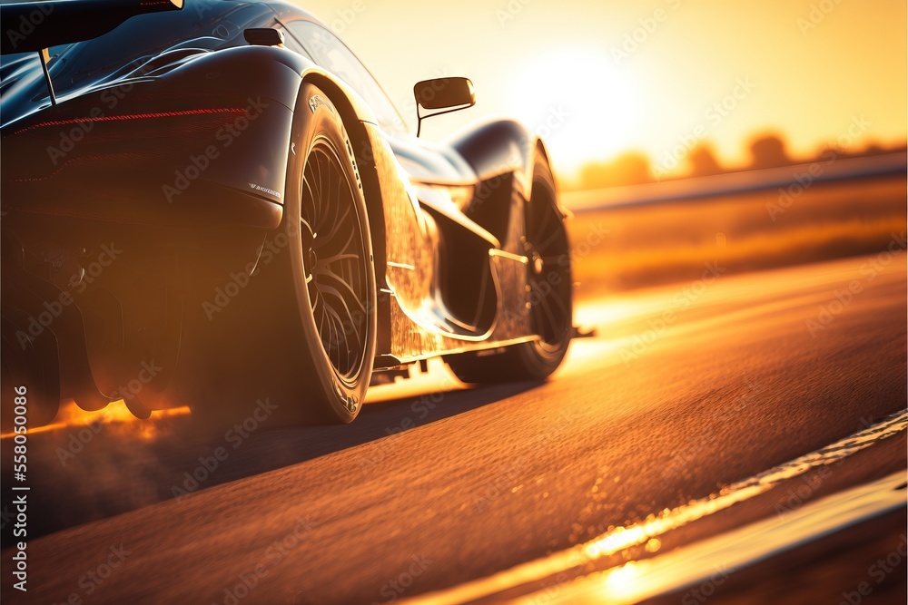 a close up of a sports car driving on a road with the sun setting in ...