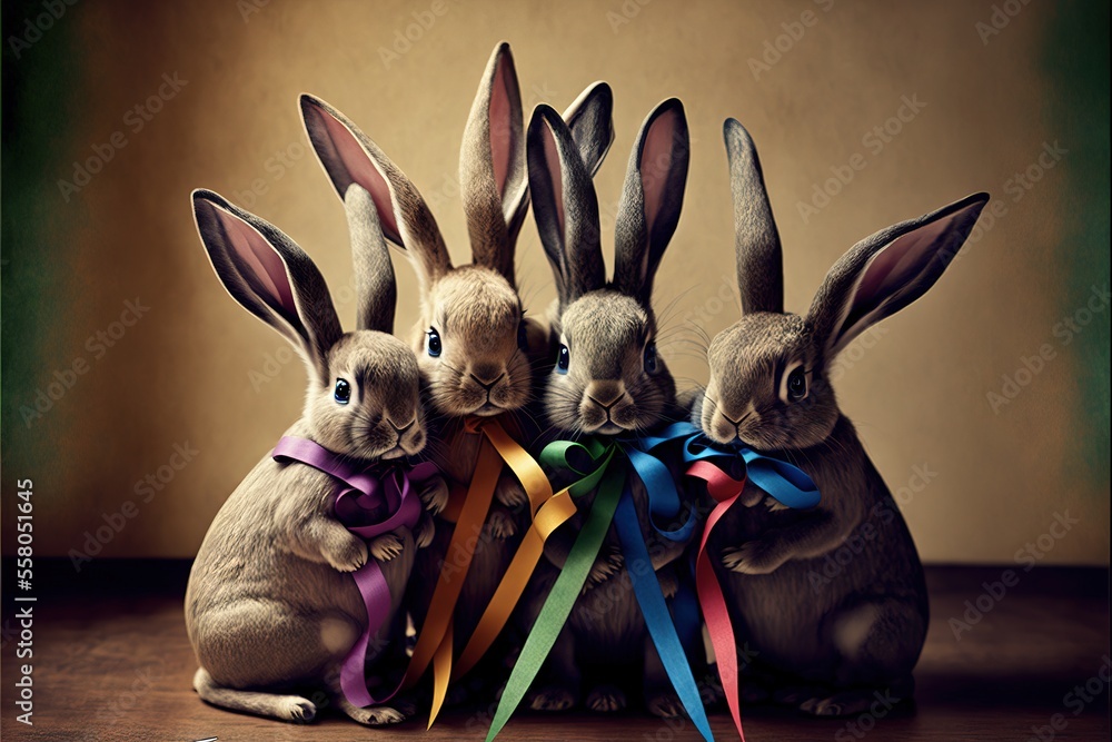 a group of rabbits sitting next to each other with ribbons around their ...
