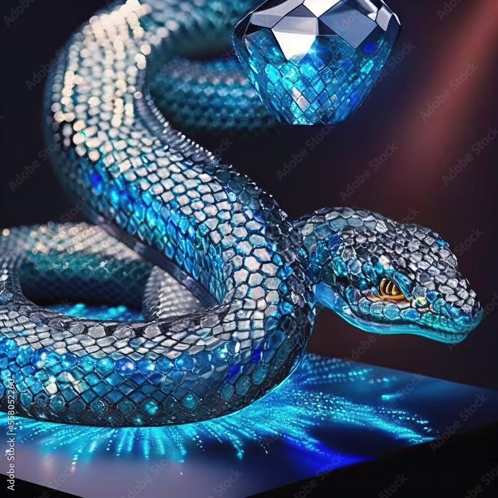 a blue snake with a diamond on its head on a black surface with a blue ...