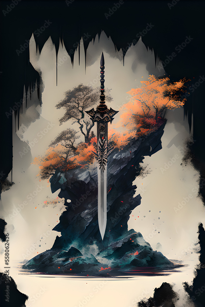 Mythical Excalibur great sword stuck in the rock. AI-generated ...