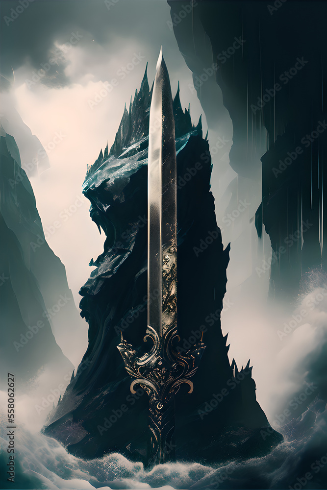 Mythical Excalibur great sword stuck in the rock. AI-generated ...