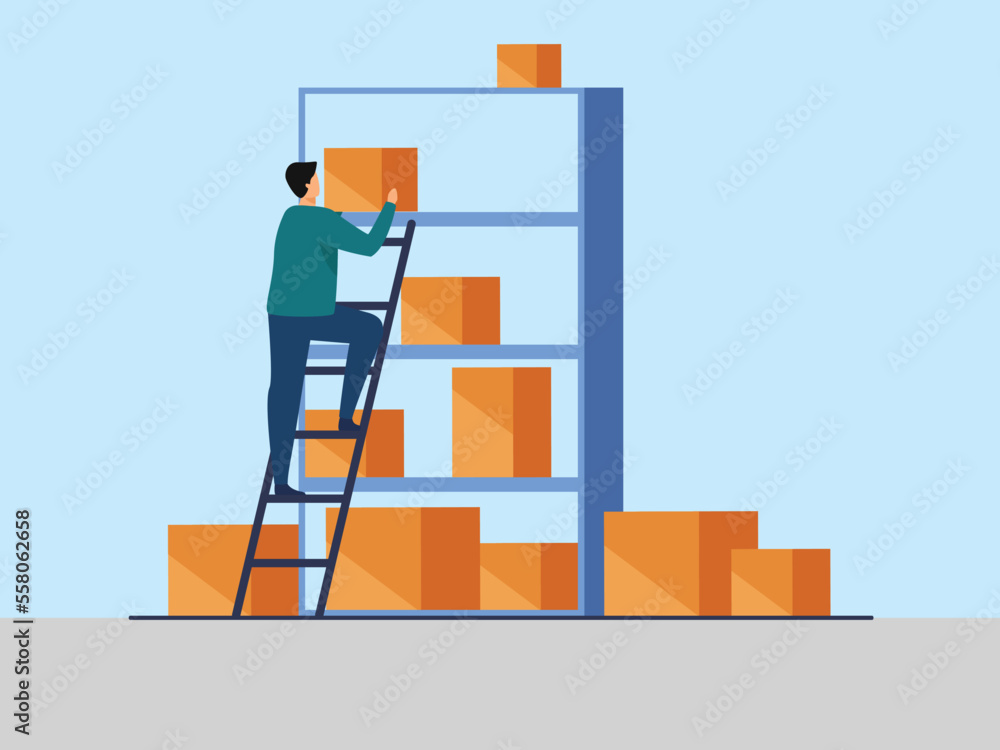 Man putting boxes on shelves of rack. Staircase, management. Lifting ...