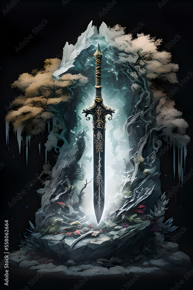 Mythical Excalibur great sword stuck in the rock. AI-generated ...