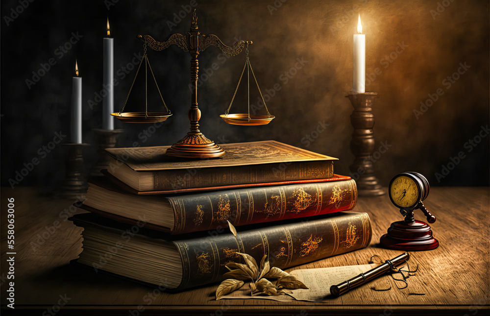 Antique and majestic scales of justice placed on the desk of a judge or ...