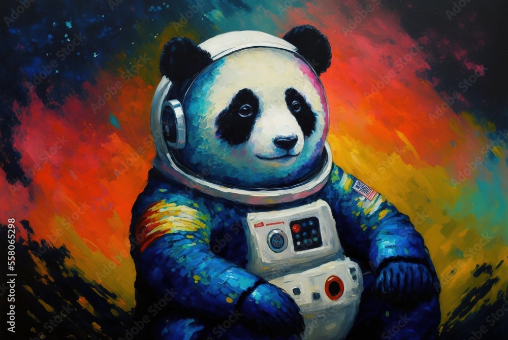 Lonely and lost astronaut panda in space suit exploring the outer ...