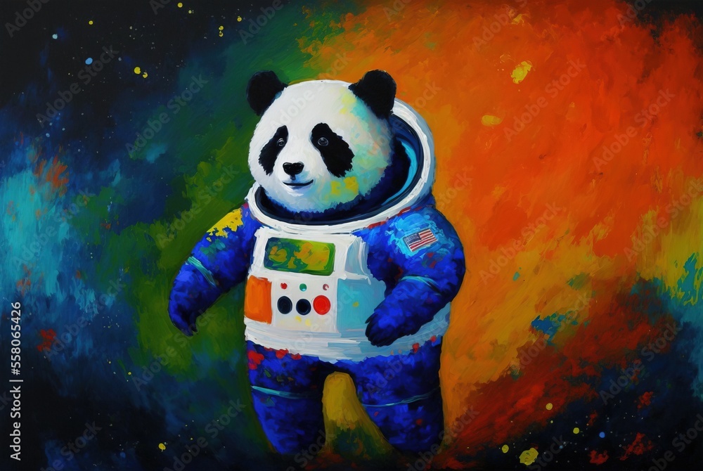 Lonely and lost astronaut panda in space suit exploring the outer ...