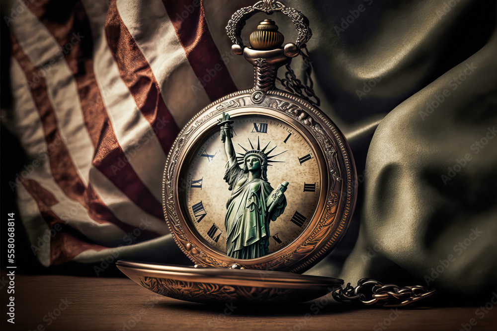 Stockillustratie An American pocket watch and vintage US flag, evoking ...