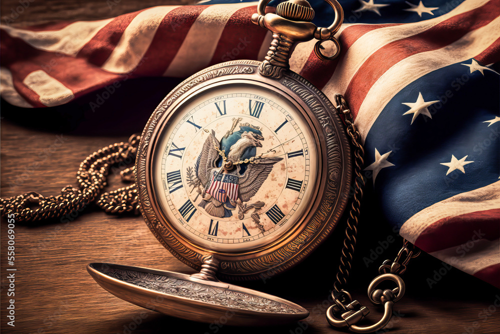 A vintage American pocket watch complemented by a liberty symbol and an ...