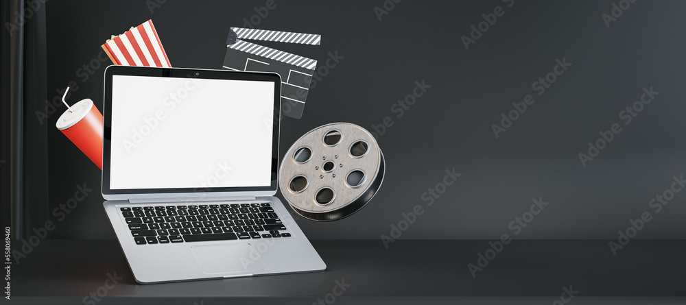 Online movie watching and cinematography concept with blank white ...