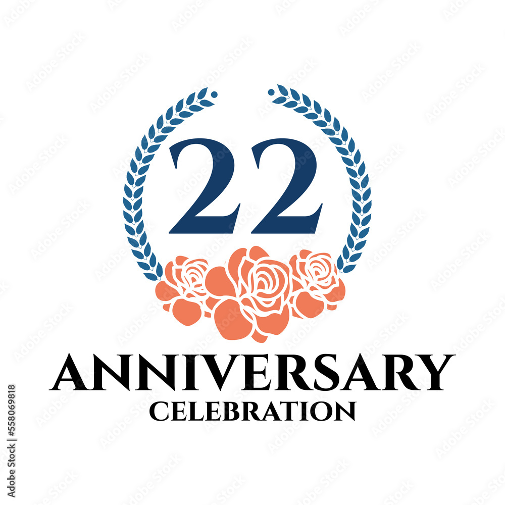 22nd anniversary logo with rose and laurel wreath, vector template for ...