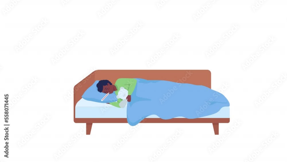 Animated child with fever. Measure temperature. Full body flat person ...