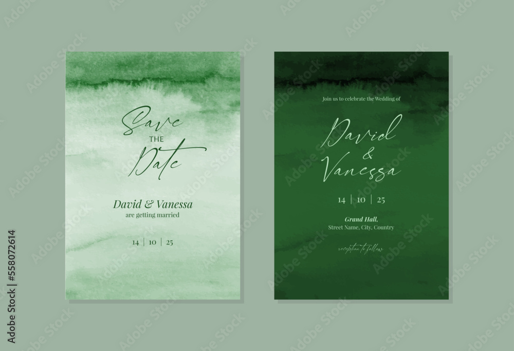 Emerald green wedding card template design with watercolor texture ...
