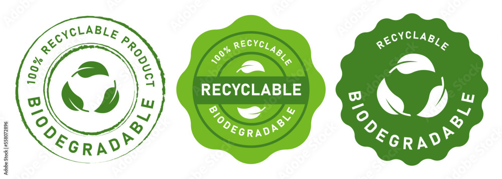 Biodegradable recyclable label sticker green flat stamp icon seal logo ...
