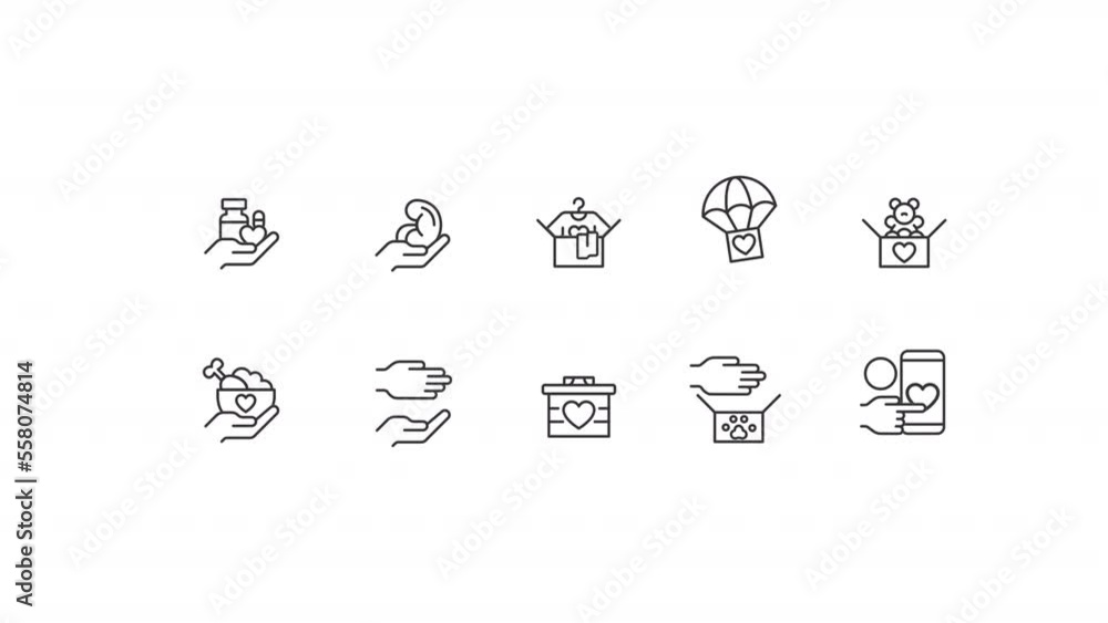 Animated donation linear icons. Financial assistance. Humanitarian ...