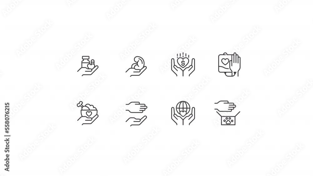 Animated benefaction linear icons. Volunteer opportunities. Charitable ...