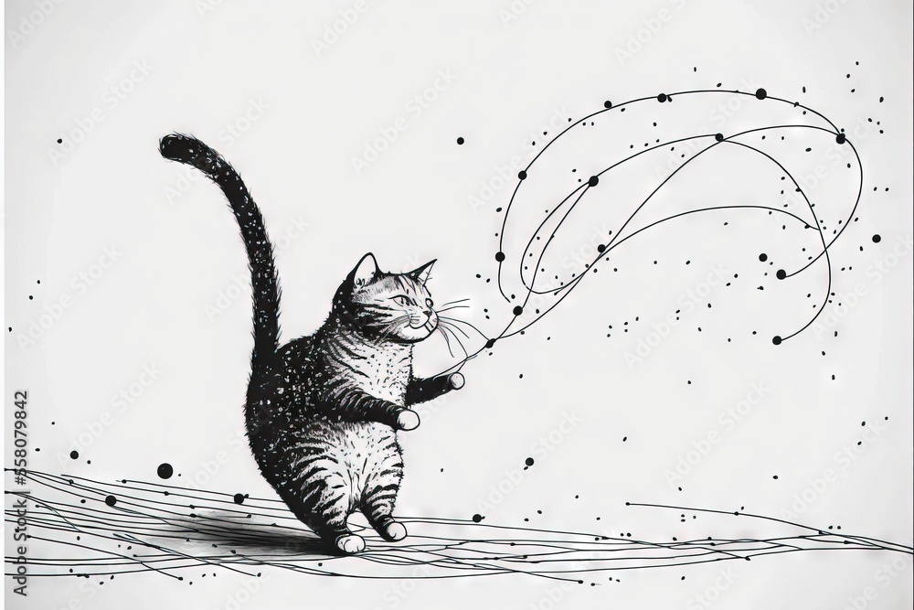a black and white drawing of a cat playing with a string of string ...