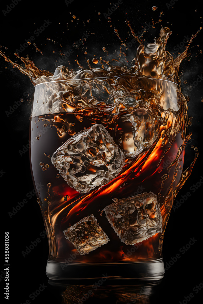 a glass of cola with ice cubes, in a cube, splash ,studio lighting ...