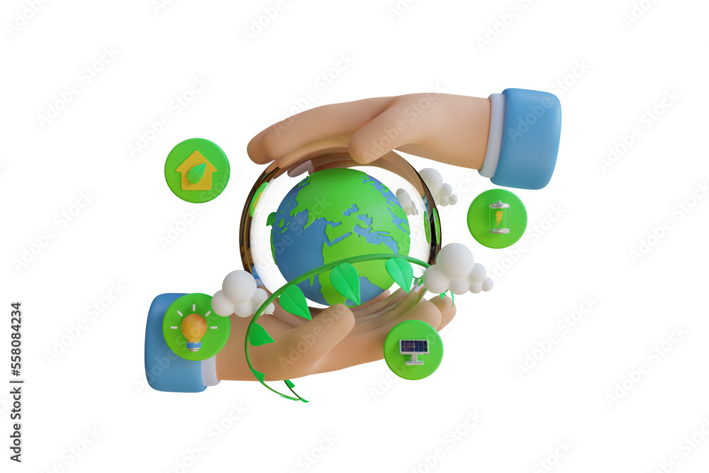 3d rendering concept environment and ecology. Hand holding earth and ...